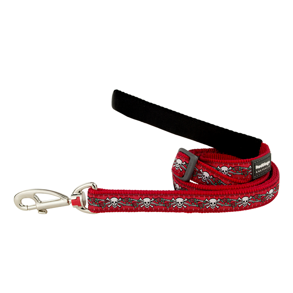 Red Dingo Dog Lead Skulls &amp; Roses Red Medium 20mm x 1.1 - 1.8m